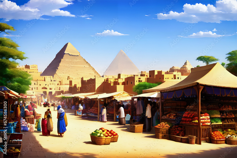 Historical Illustration of a Market in Ancient Egypt with Pyramids in ...