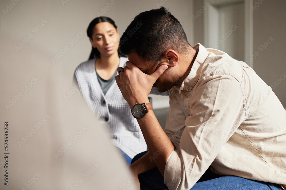 Sad group in therapy and man crying with depression, AA and addiction ...