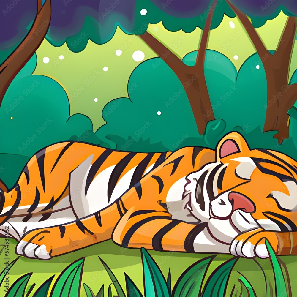 Tiger sleeping in the forest in cartoon style. Generative AI. Stock ...