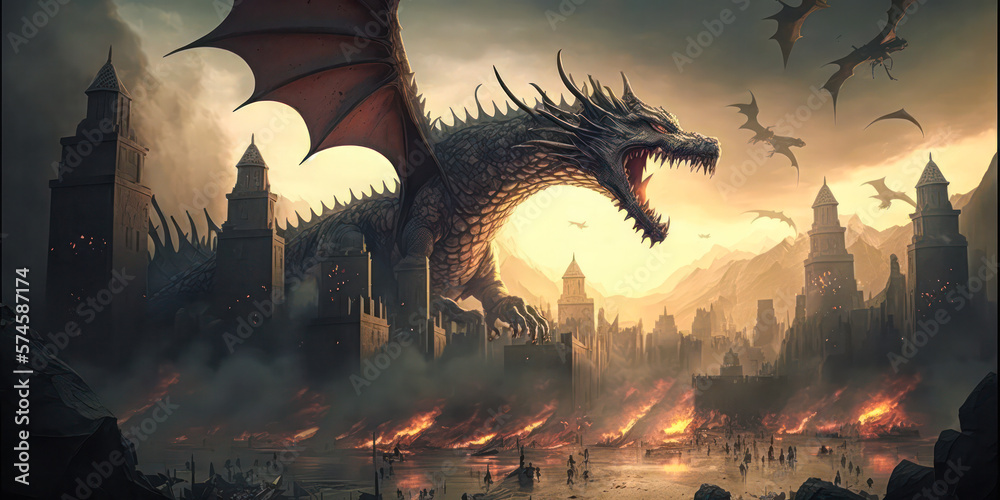 A realistic giant dragon destroying a city in a fantasy illustration ...