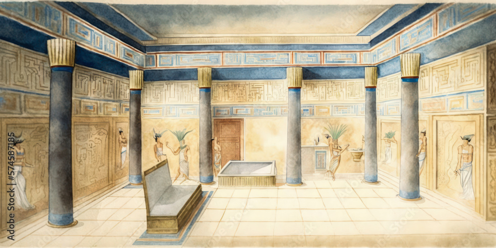 Interior of an ancient Egyptian palace with hieroglyphs on walls in an ...