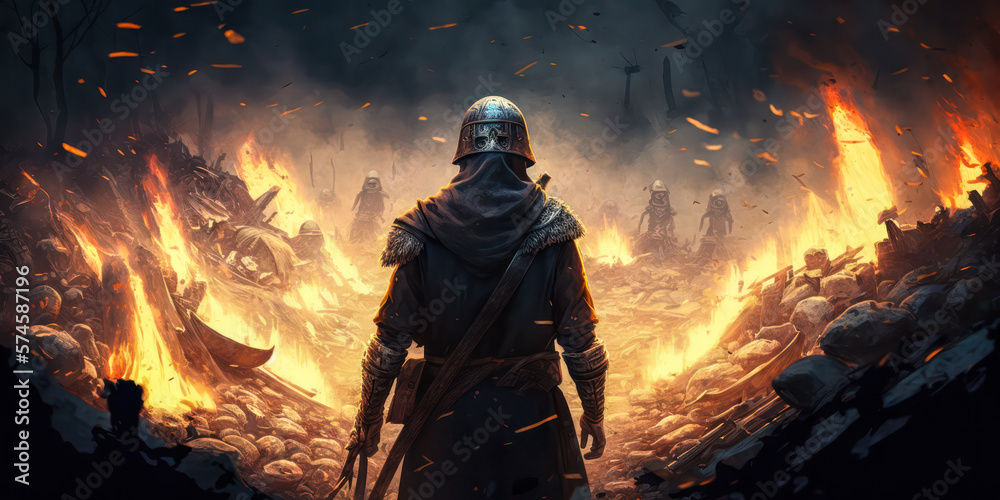 Medieval soldier in full metal armour walking in a burning battlefield ...