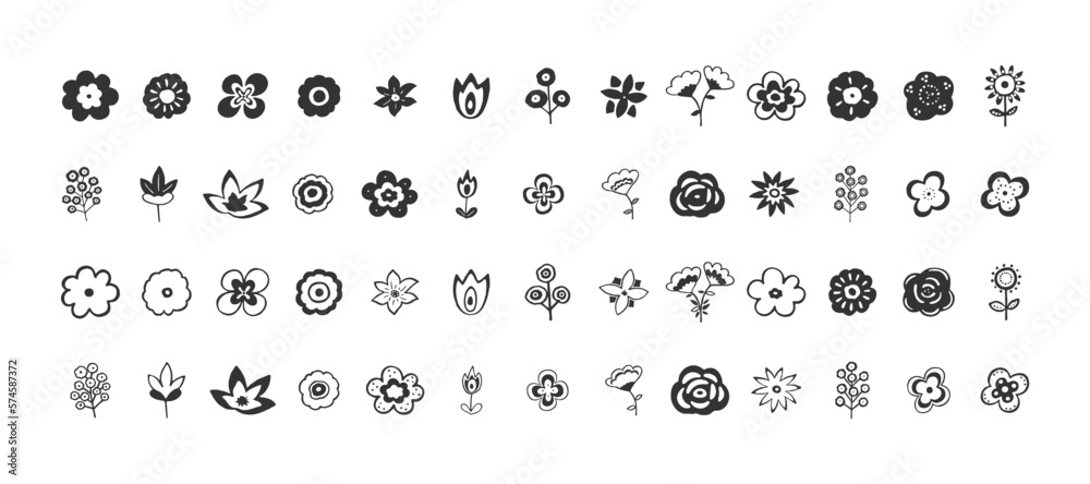 Set of flower vector. Vector botanical flowers black outline collection ...