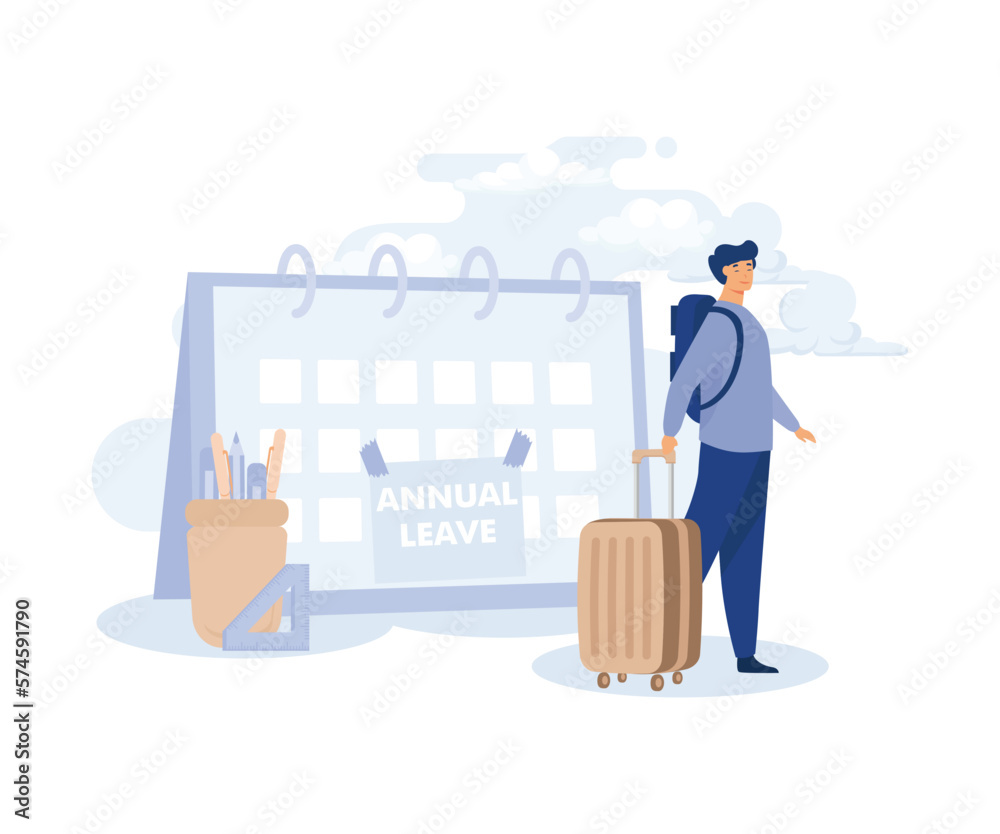 Poster Annual leave, happy businessman running with luggage from ...