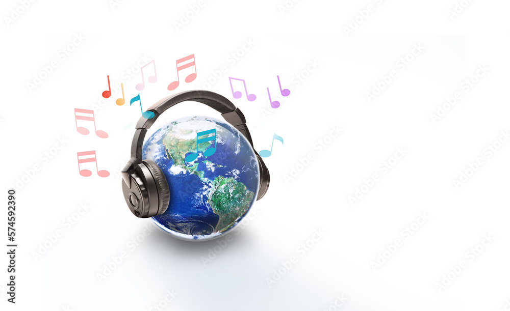 The world is listening, World music day, Earth with headphone on light ...