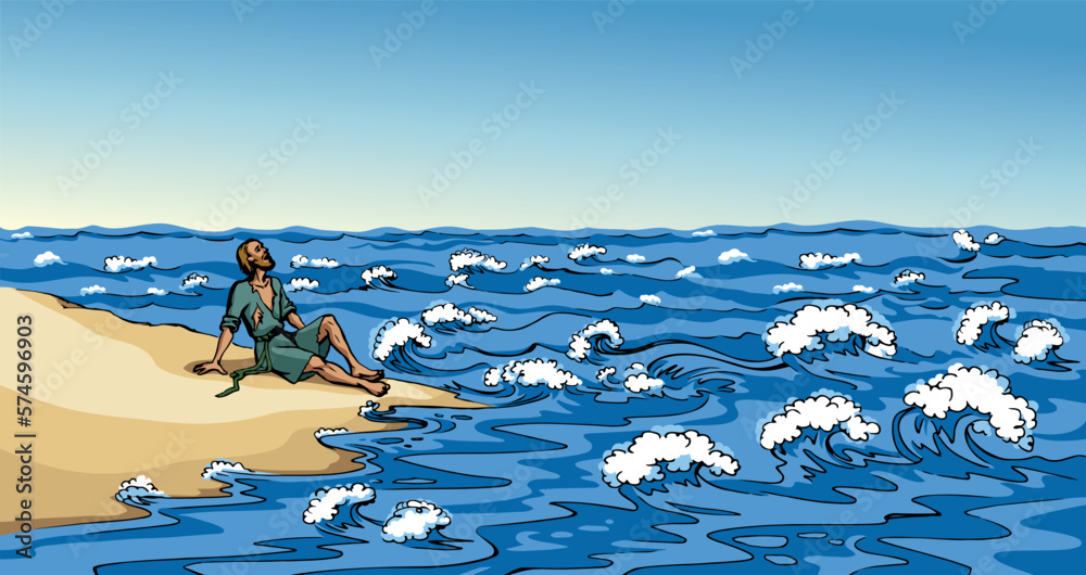 Vector drawing. A man on the shore after a shipwreck Stock Vector ...