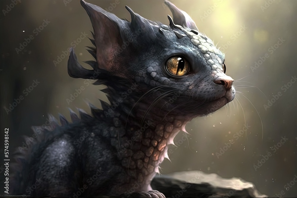 Dragon cat. Fairy tale, mythical, character, blurred background, dark ...