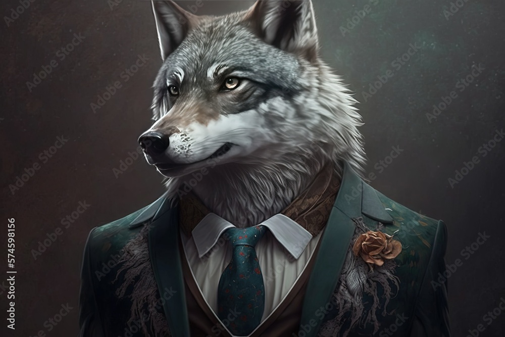 Gray wolf in a stylish green suit. Illustration, proud, picture, flat ...