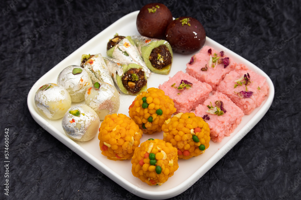 Variety Of Assorted Desi Ghee Indian Mithai viz. Laddu, Kesar Barfi ...