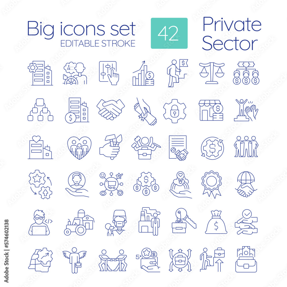 Private sector of economics linear icons set. Business ownership type. Development of ...