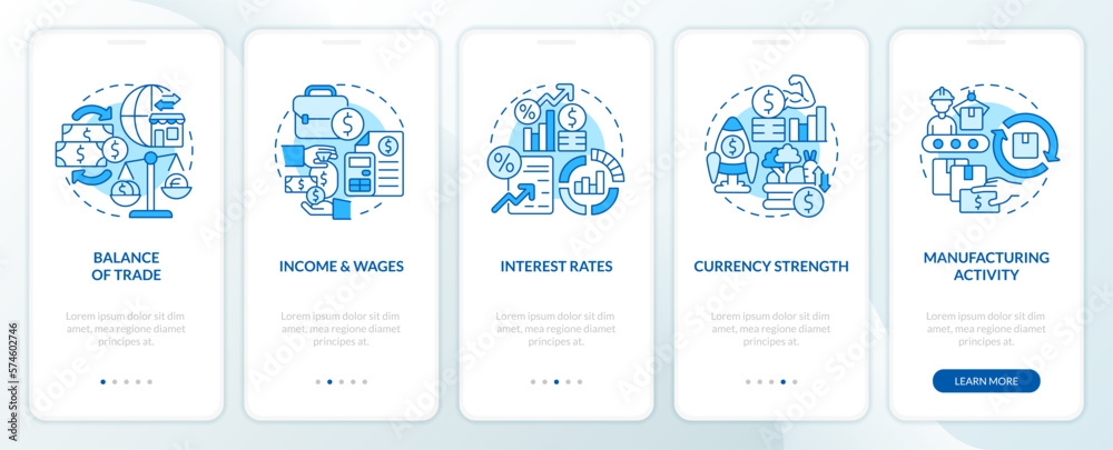 Economic Indicators Examples Blue Onboarding Mobile App Screen Walkthrough 5 Steps Editable