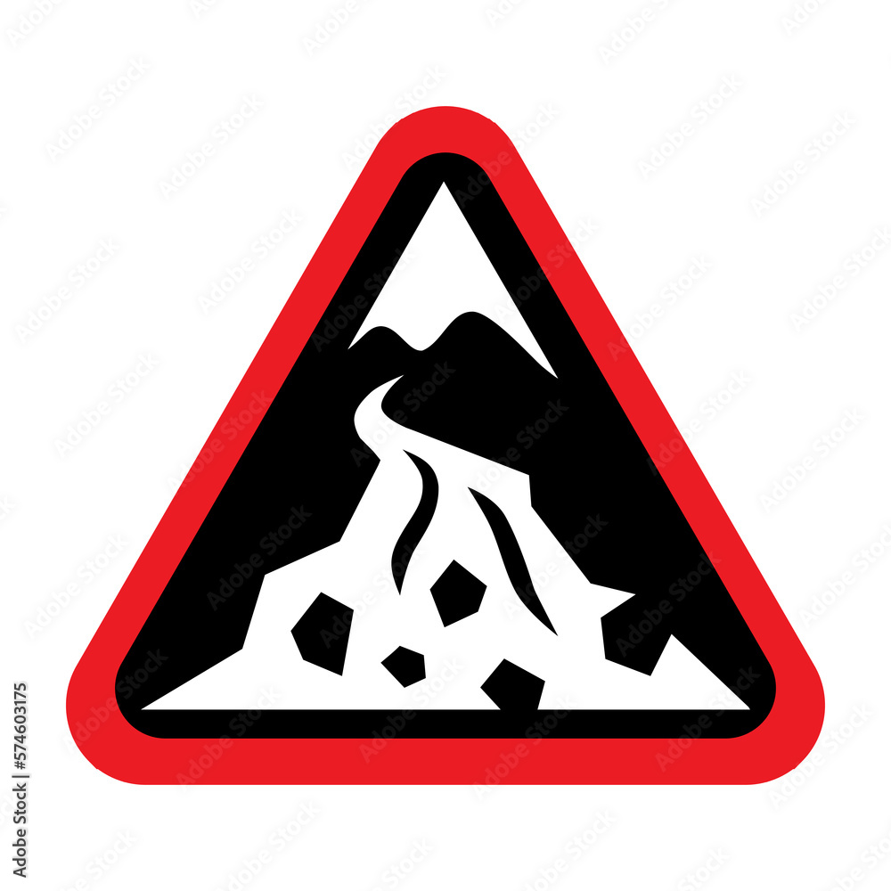 Debris flow zone warning sign. Vector illustration of red triangle sign ...