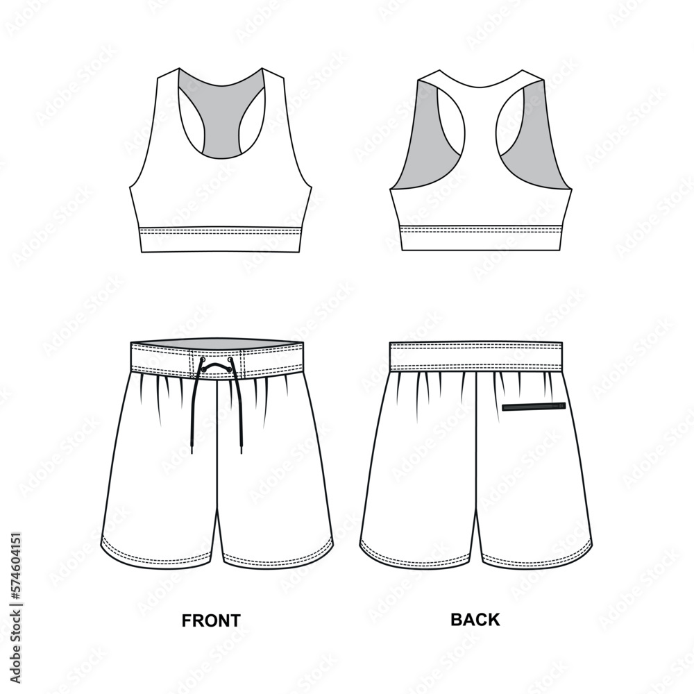 Vector outline drawing of drawstring shorts and top for fitness ...