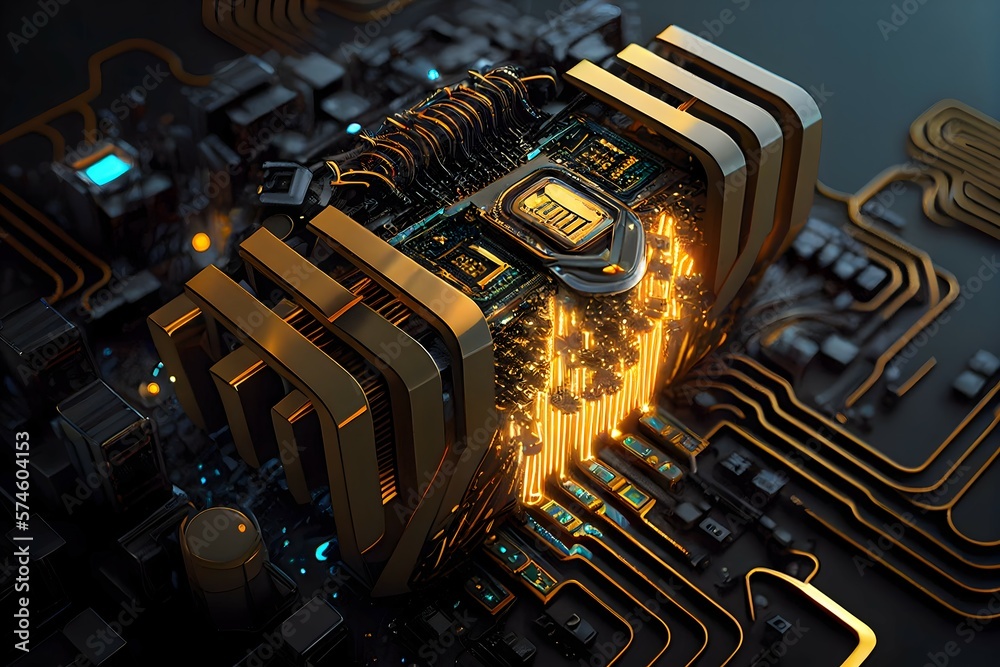 A technology background in vivid shades of orange, blue, and gold ...