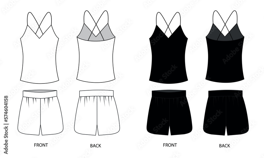 Set of vector drawings of silk top and silk shorts front and back view ...