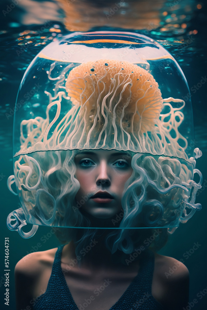 Generative Illustration AI of a woman wearing fishbowl with fish and ...
