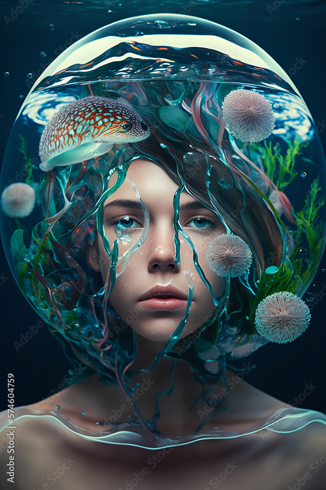 Generative Illustration AI of a woman wearing fishbowl with fish and ...