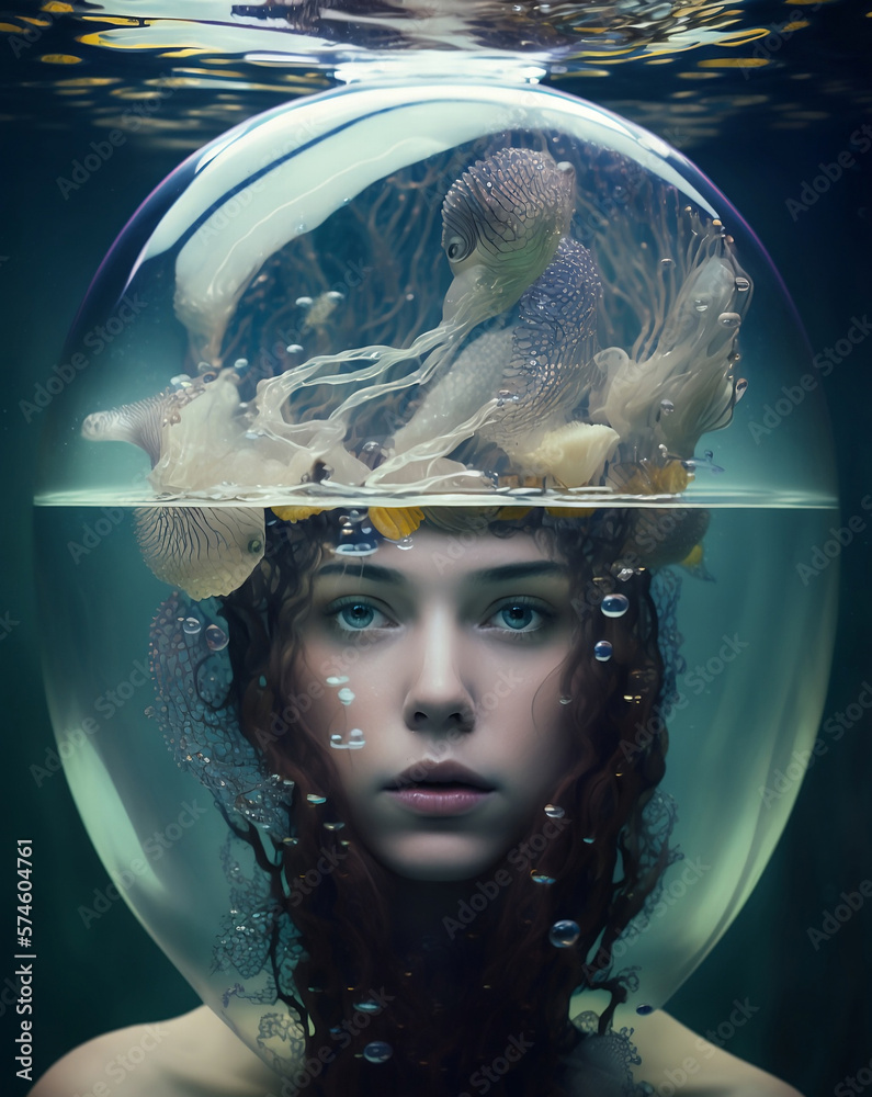 Generative Illustration AI of a woman wearing fishbowl with fish and ...
