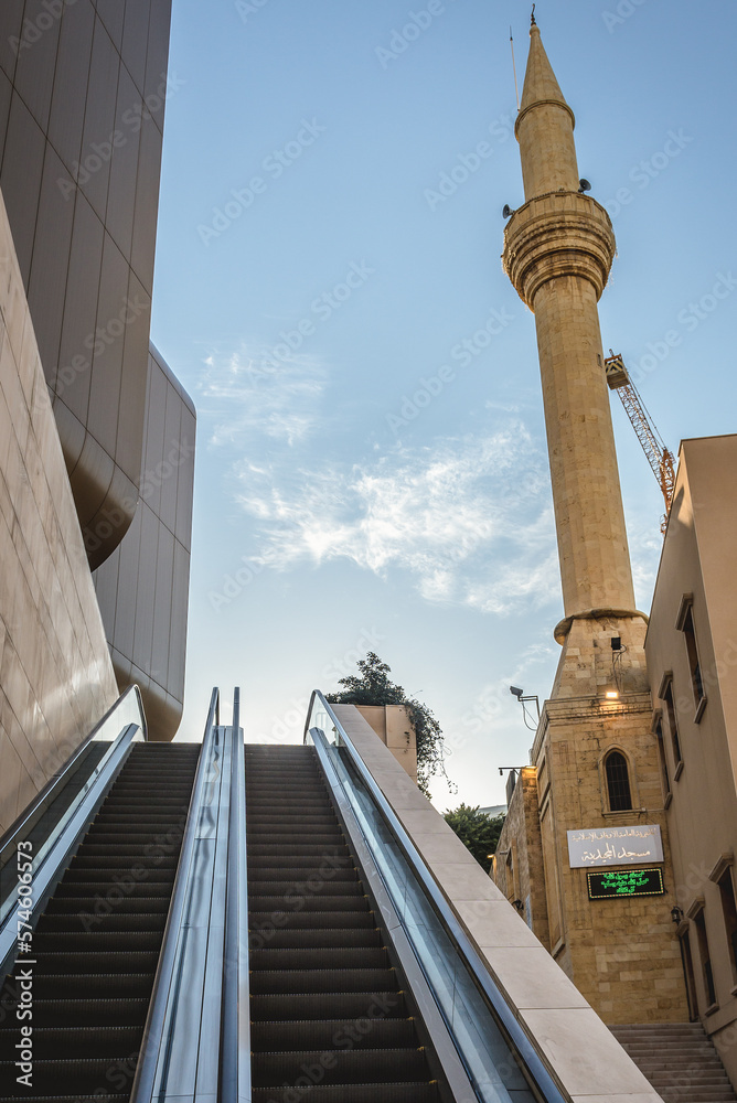 Minaret of Al Majidiyyeh in Beirut Souks shopping mall in center of ...