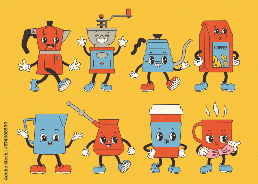 Groovy coffee set character old classic cartoon style. Retro Mascot ...