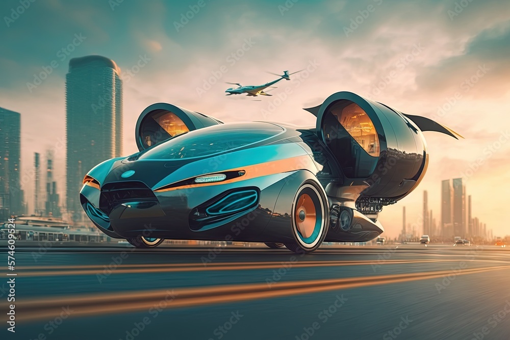 Modern futuristic car in the middle of highway road with a city at the ...