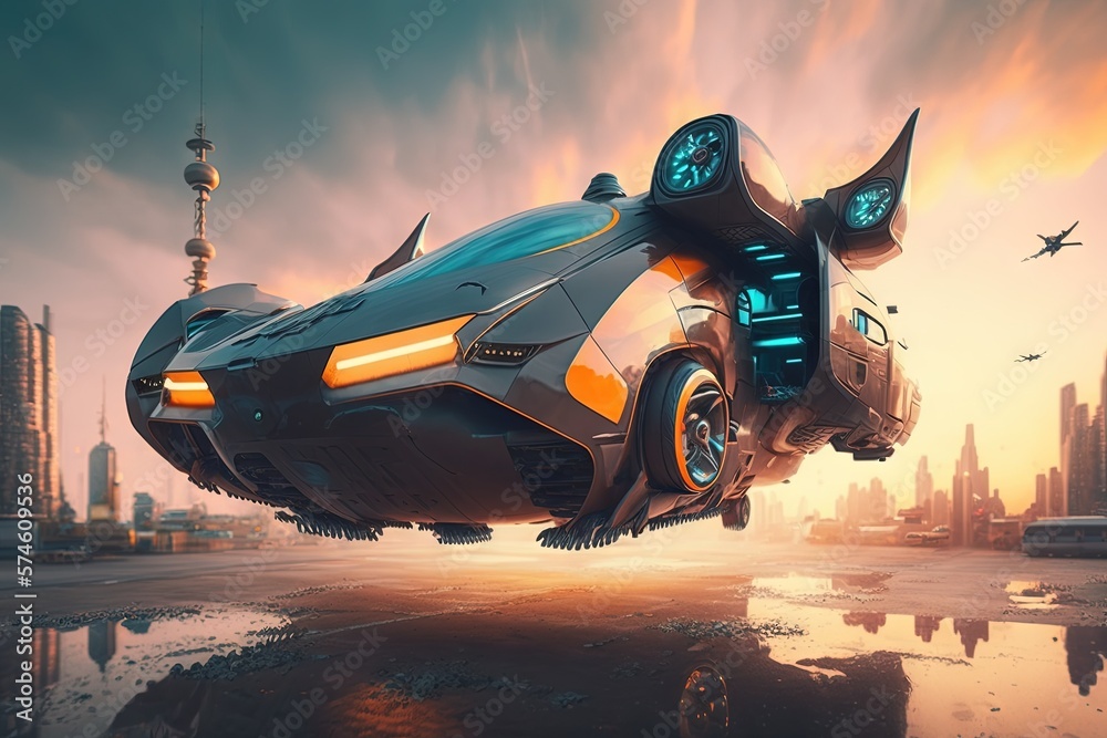 Modern futuristic car in the middle of highway road with a city at the ...
