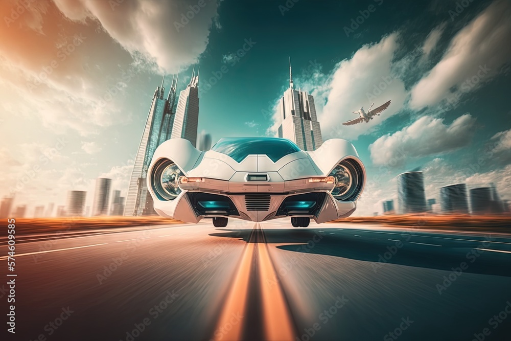 Modern futuristic car in the middle of highway road with a city at the ...