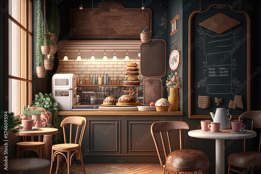 Cozy cafe interior, coffee shop Colorful cartoon modern illustration ...
