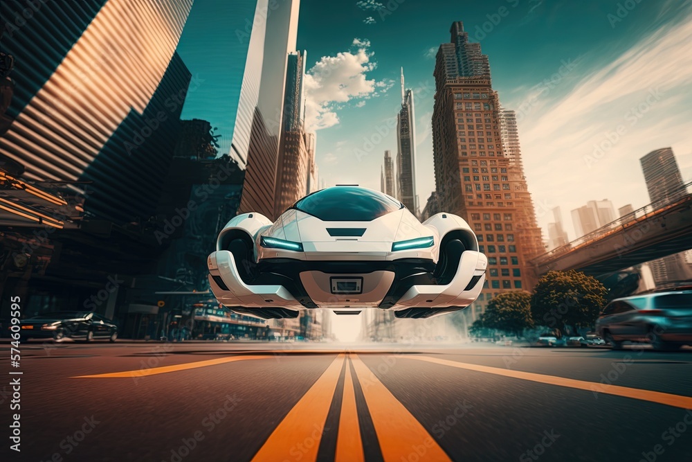 Modern futuristic car in the middle of highway road with a city at the ...