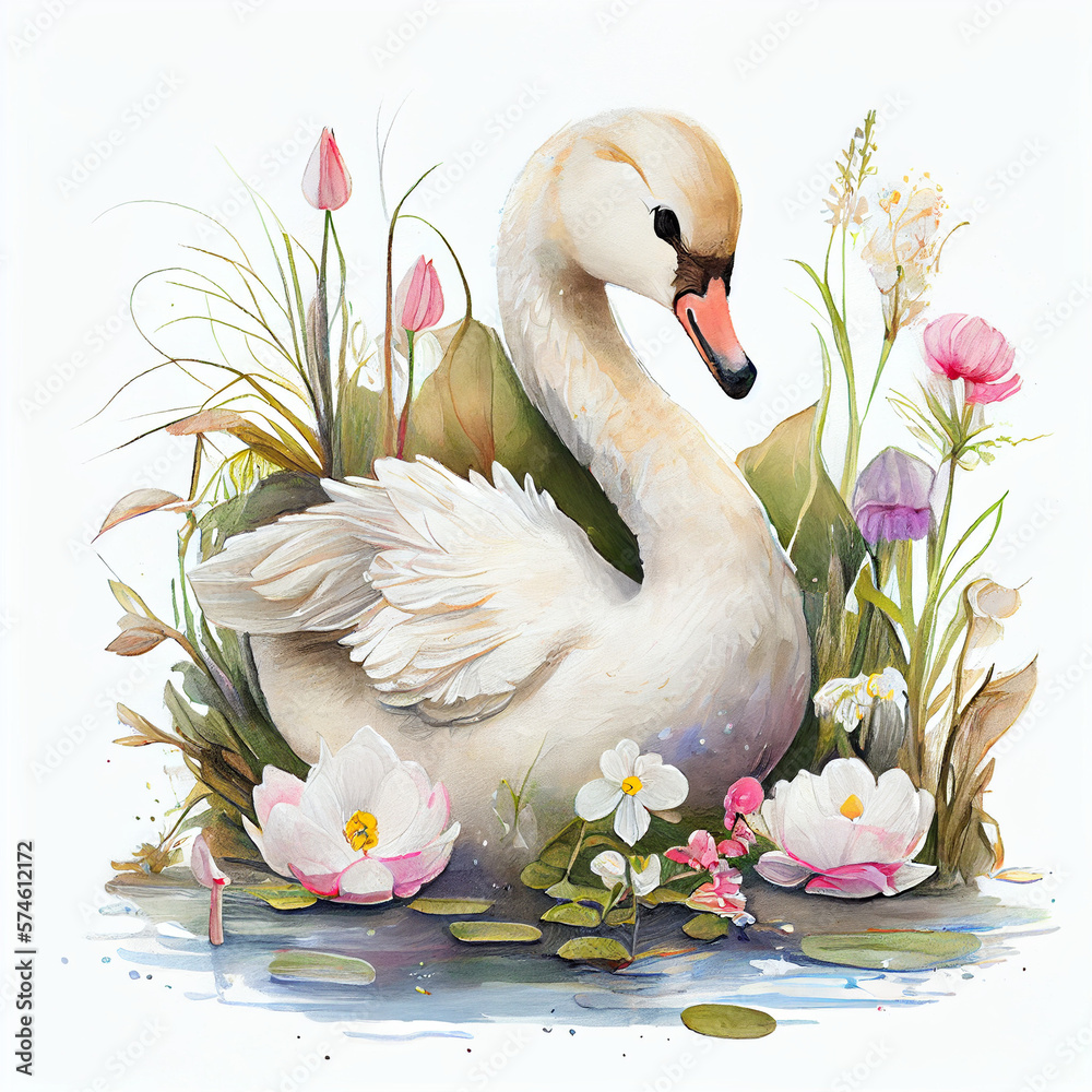 swan with flower watercolor created by artificial intelligence tools ...