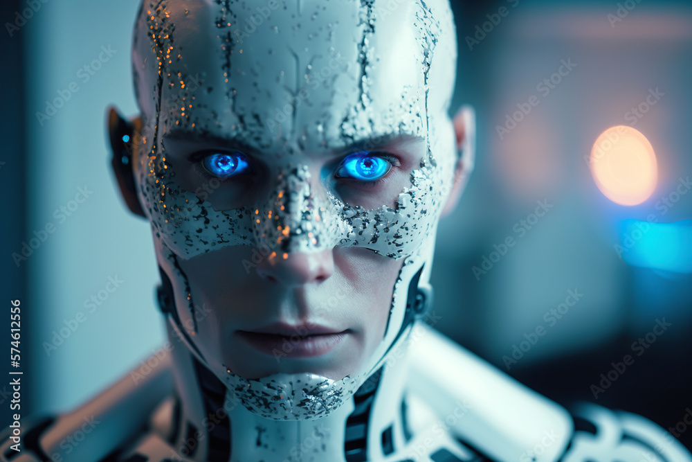 Porcelain white humanoid cyborg with blue glowing eyes. Android. AI ...