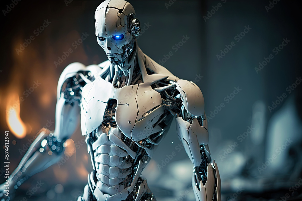 Porcelain white humanoid cyborg with blue glowing eyes. Android. AI ...