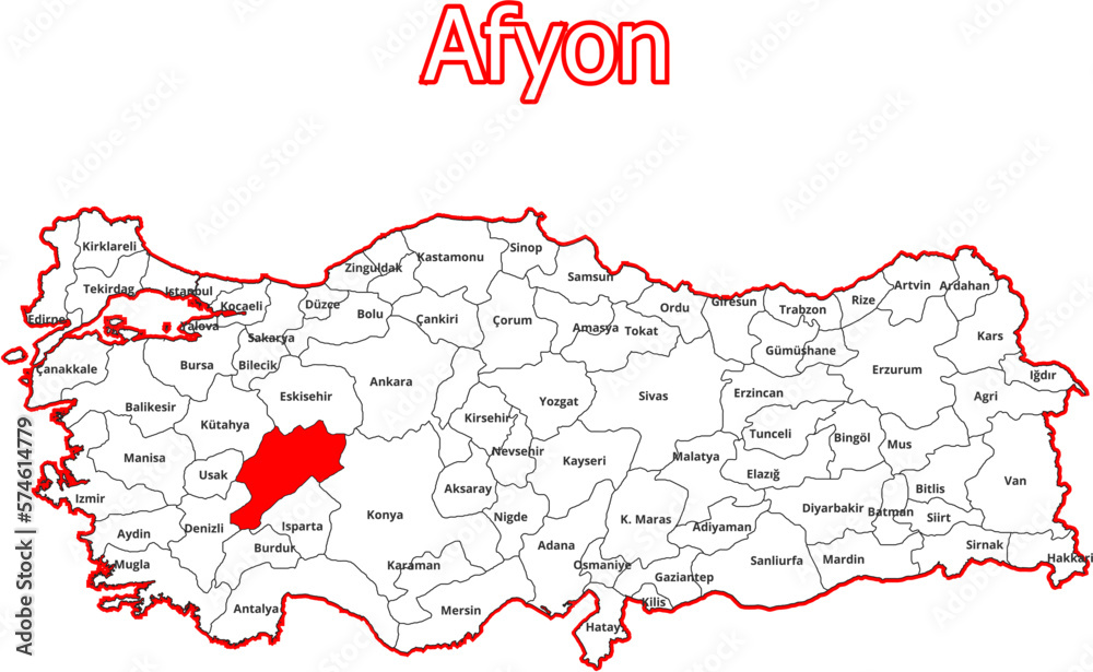 Vektorkarte der Türkei - mit Landkreiskarte des Districts Afyon Stock ...