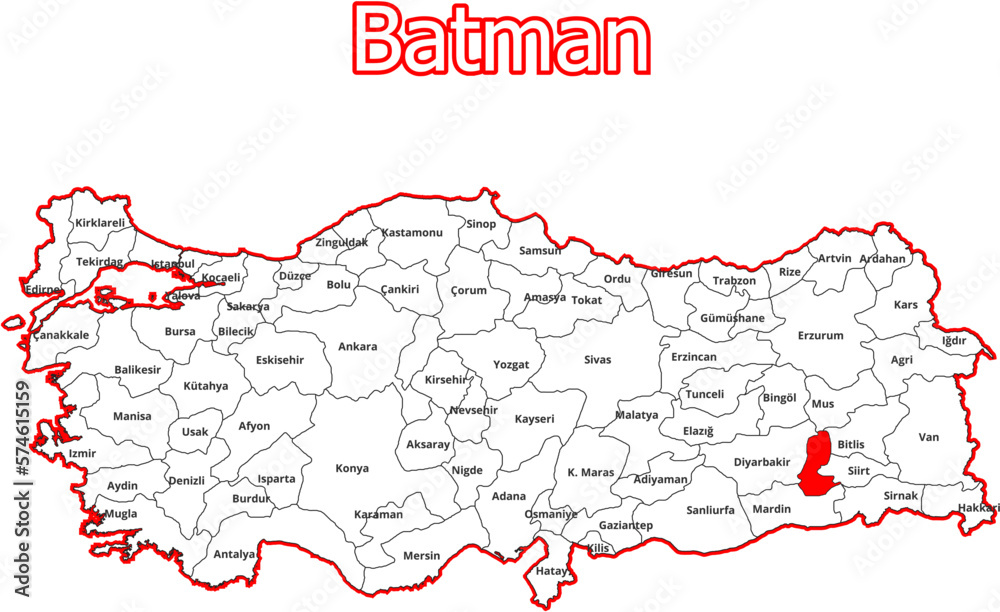 Vektorkarte der Türkei - mit Landkreiskarte des Districts Batman Stock Vector | Adobe Stock