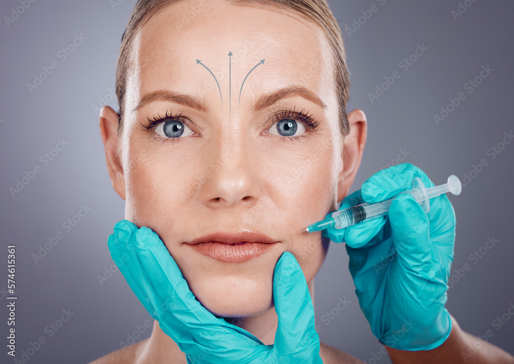 Plastic surgery, beauty and portrait of woman with injection for lip ...