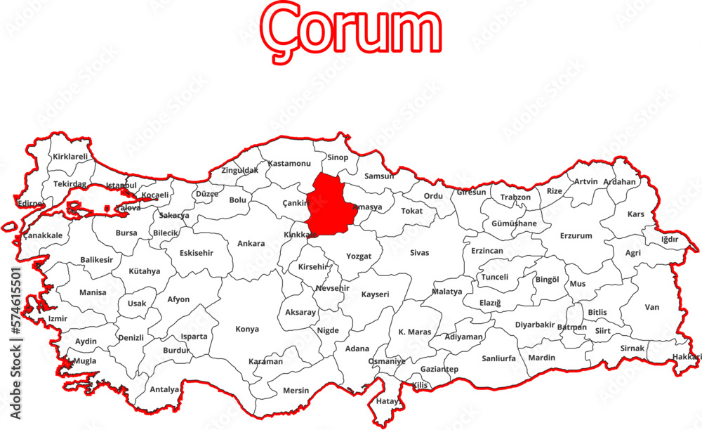 Vektorkarte der Türkei - mit Landkreiskarte des Districts Çorum Stock ...