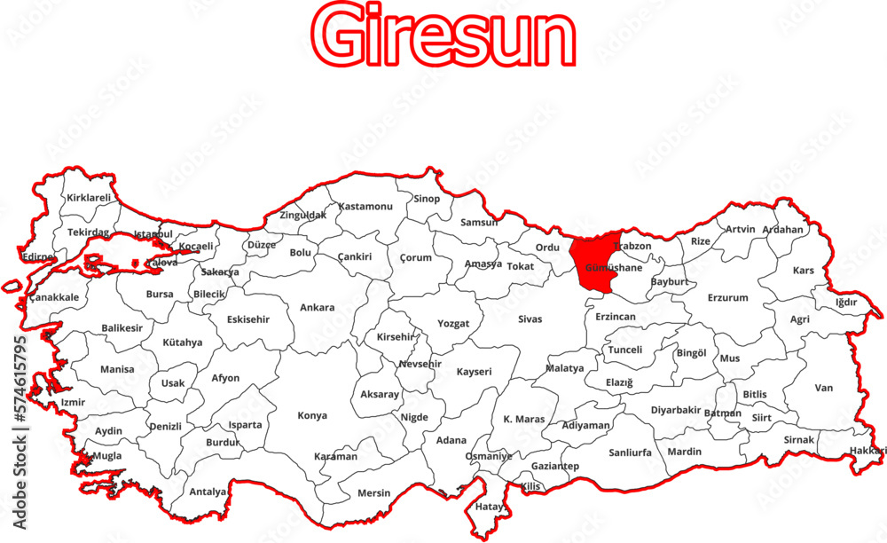 Vektorkarte der Türkei - mit Landkreiskarte des Districts Giresun Stock Vector | Adobe Stock