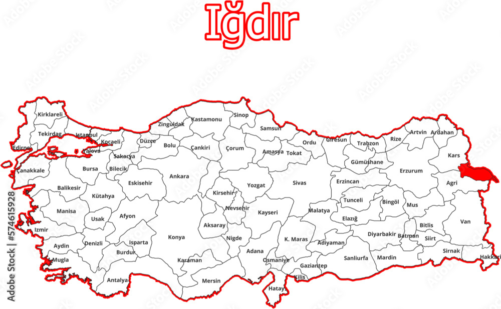Vektorkarte der Türkei - mit Landkreiskarte des Districts Iğdır Stock ...