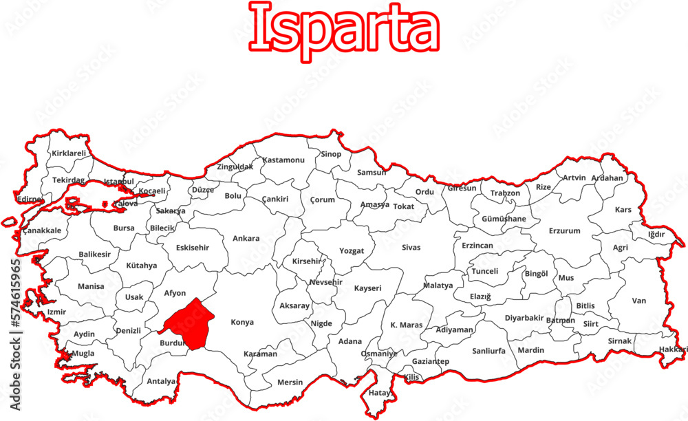 Vektorkarte der Türkei - mit Landkreiskarte des Districts Isparta Stock ベクター | Adobe Stock