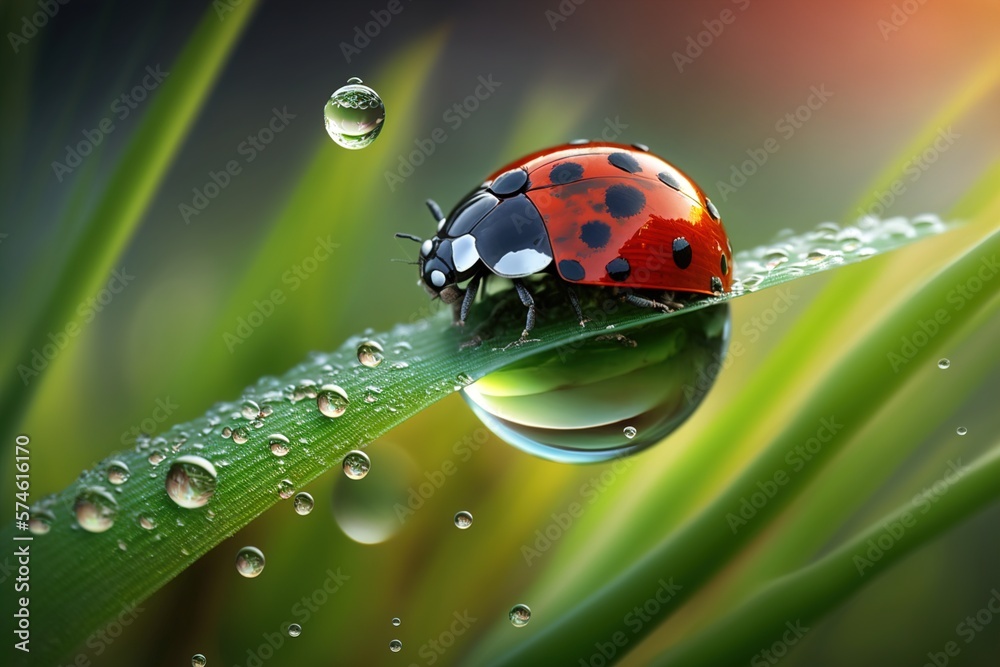 ladybug on grass leaf with dew drops. beautiful colorful ladybug flight ...