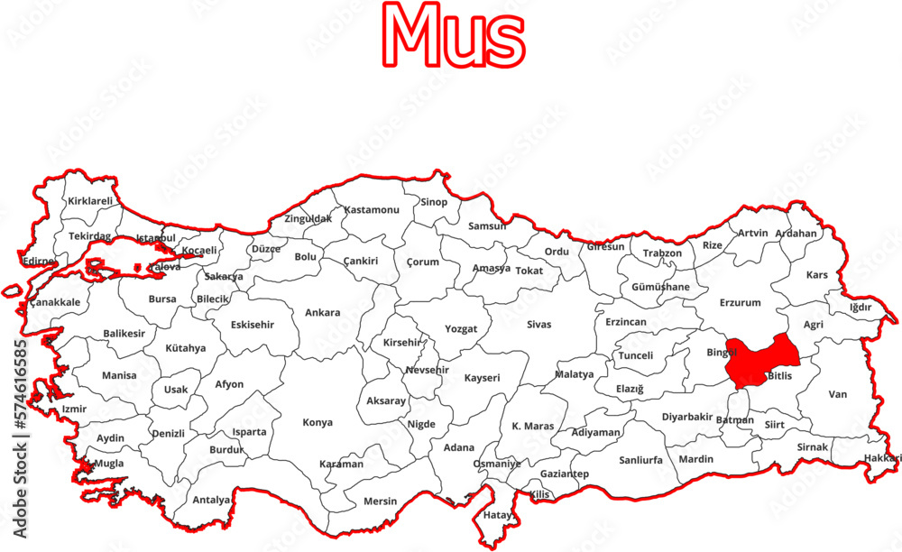 Vektorkarte der Türkei - mit Landkreiskarte des Districts Mus Stock ...