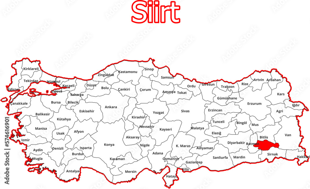 Vektorkarte der Türkei - mit Landkreiskarte des Districts Siirt Stock ...