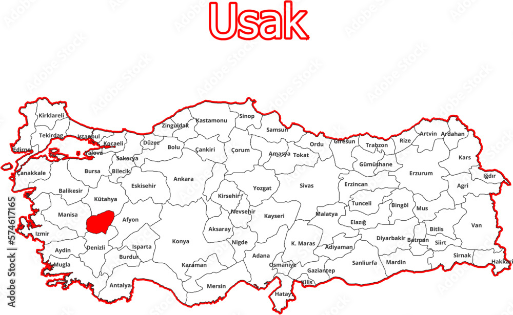 Vektorkarte der Türkei - mit Landkreiskarte des Districts Usak Stock ベクター | Adobe Stock