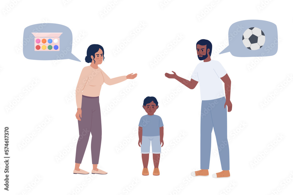 Parents quarreling about boy kid interests semi flat color vector ...