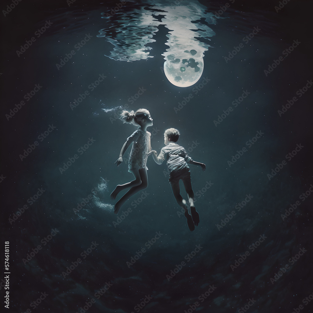 Fantasy dream, two children swimming in spcace near and at the moon ...