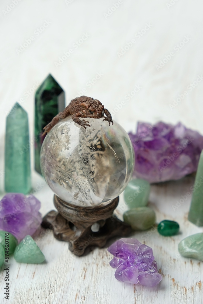 Minerals and toad on Magic crystal ball close up on rustic wooden table ...