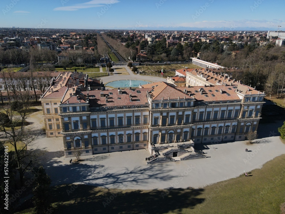 Aerial view of facade of the elegant Villa Reale in Monza, Lombardy, north Italy. Birds eye of ...