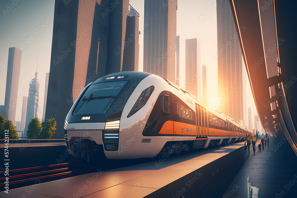 Modern futuristic passenger train in city center. Neural network AI ...