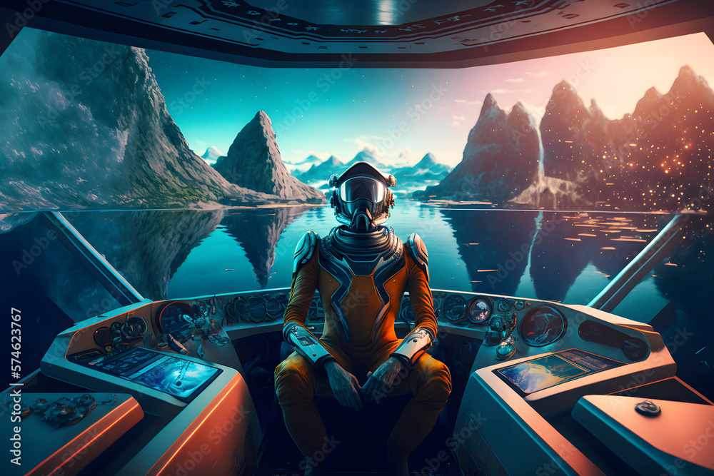 Ship captain on a modern futuristic boat transport at sea. Neural ...