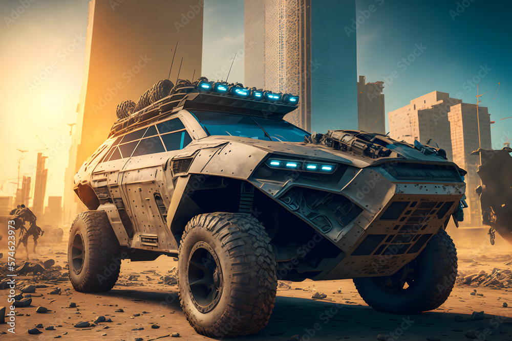 Modern futuristic off-road SUV car with turret in city center. Neural ...